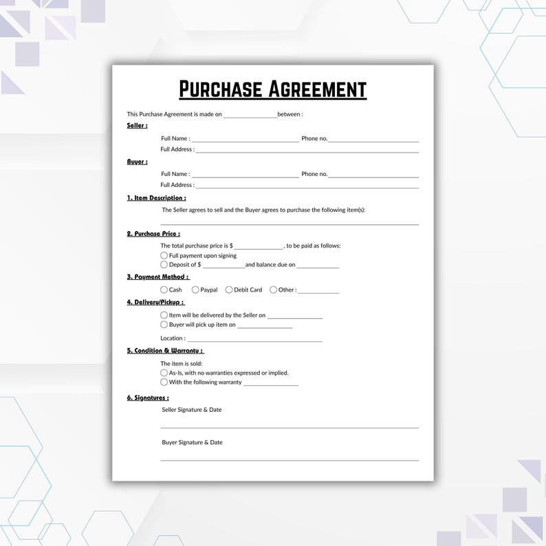 Editable Purchase Agreement Template, Single Page Purchase and Sale ...