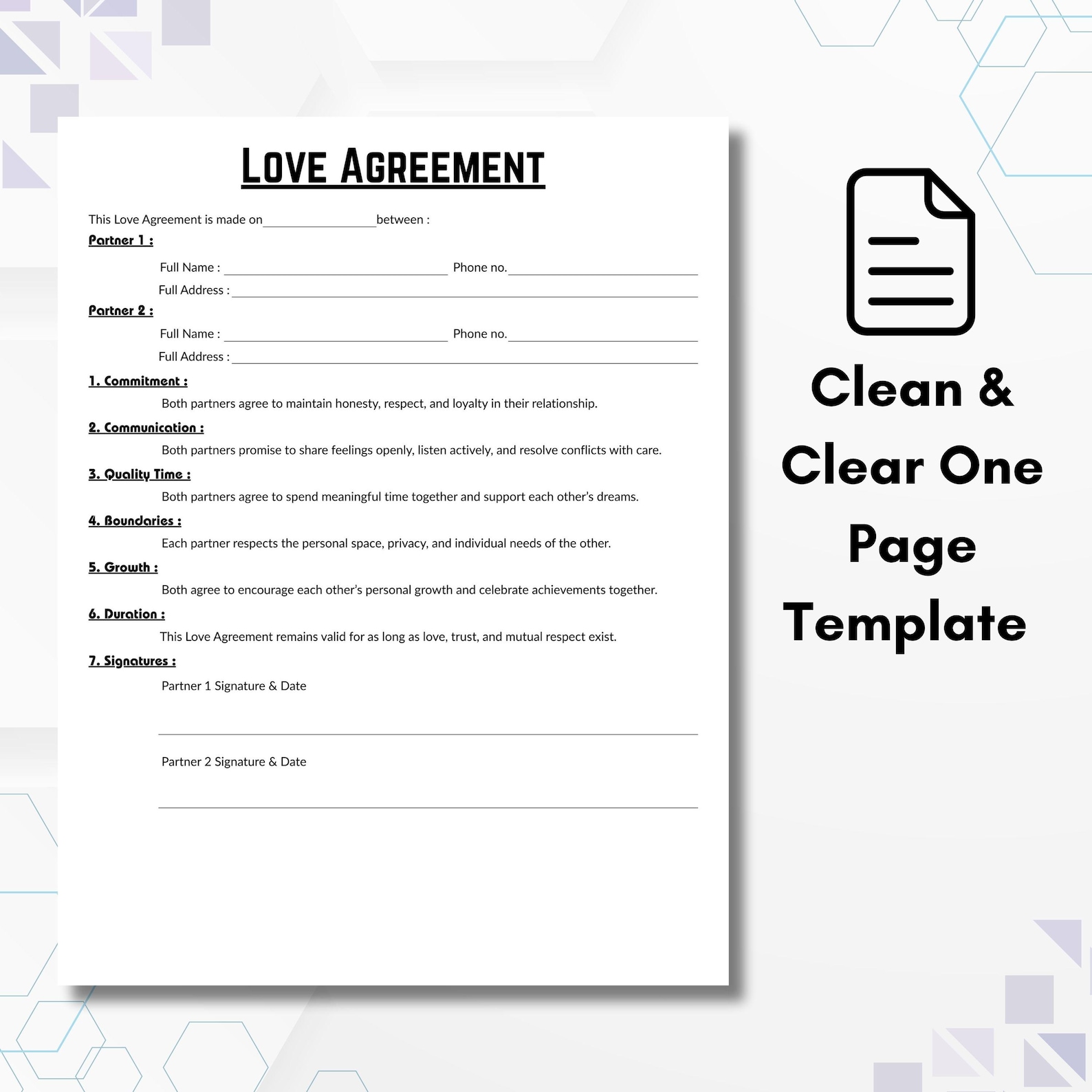 Editable Love Agreement, Simple Relationship Blueprint Template ...