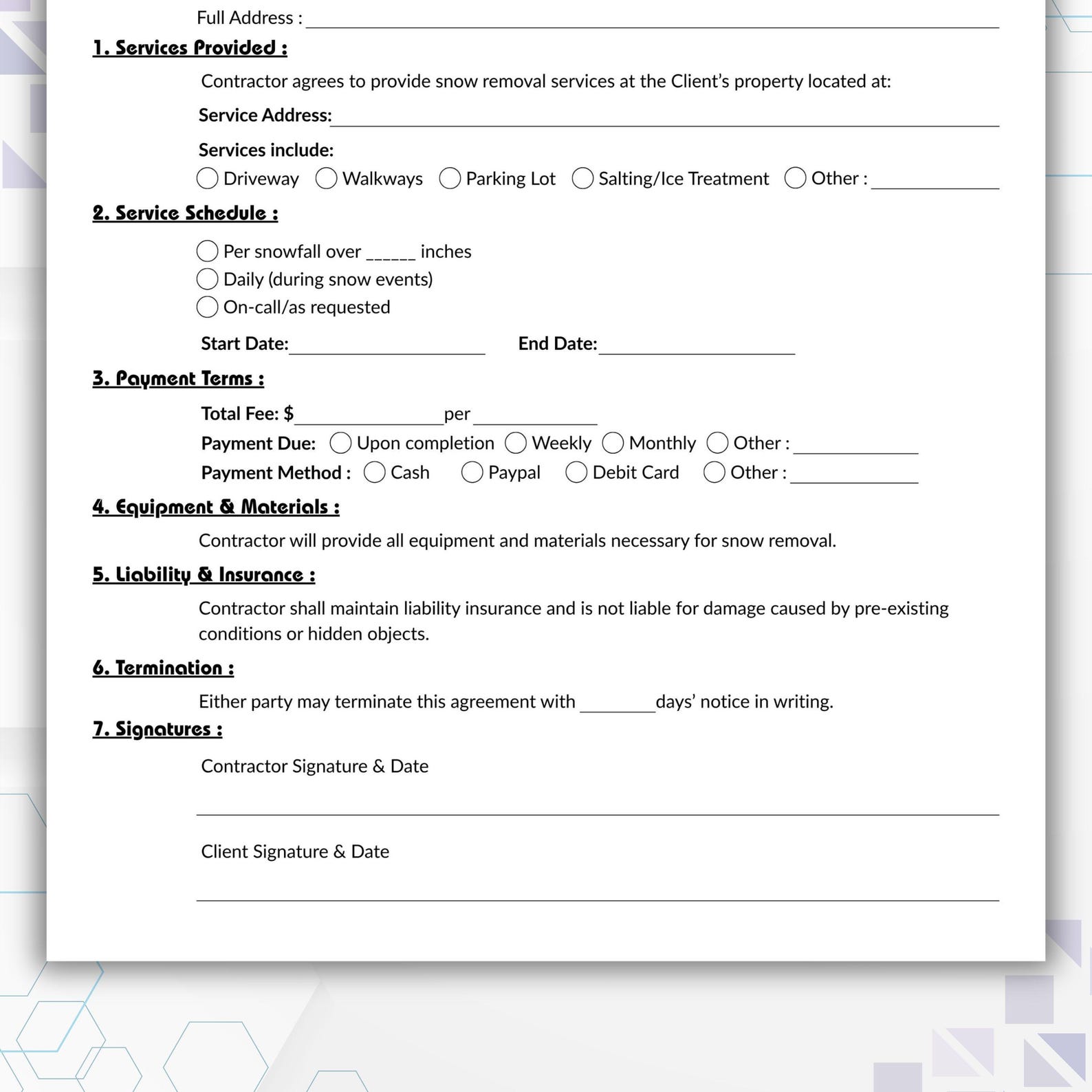 Editable Snow Removal Contract Template, Single Page Residential Snow ...