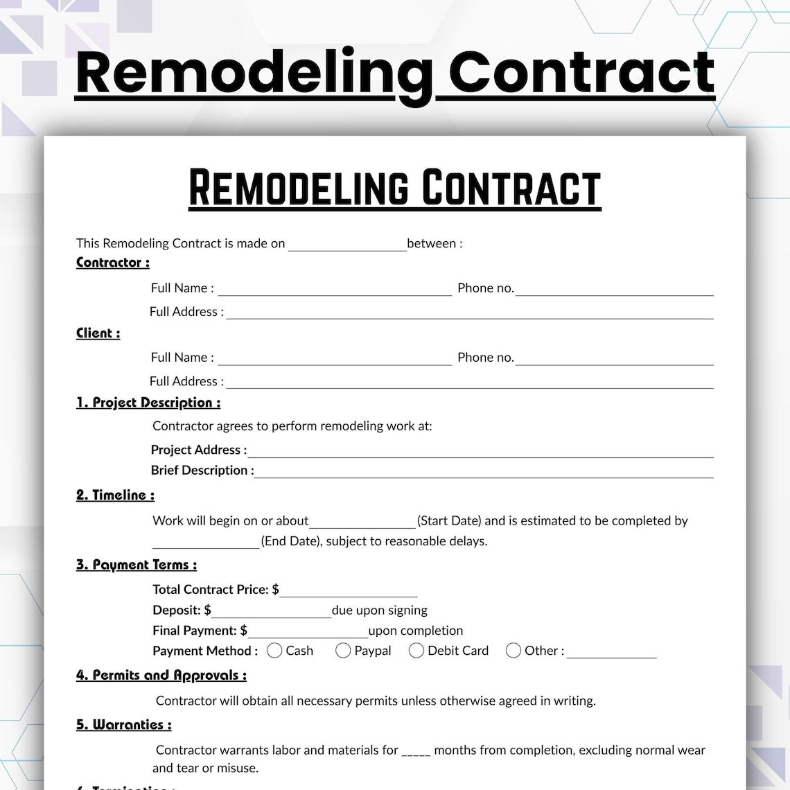 Editable Remodeling Contract Template, Single Page Home Renovation ...