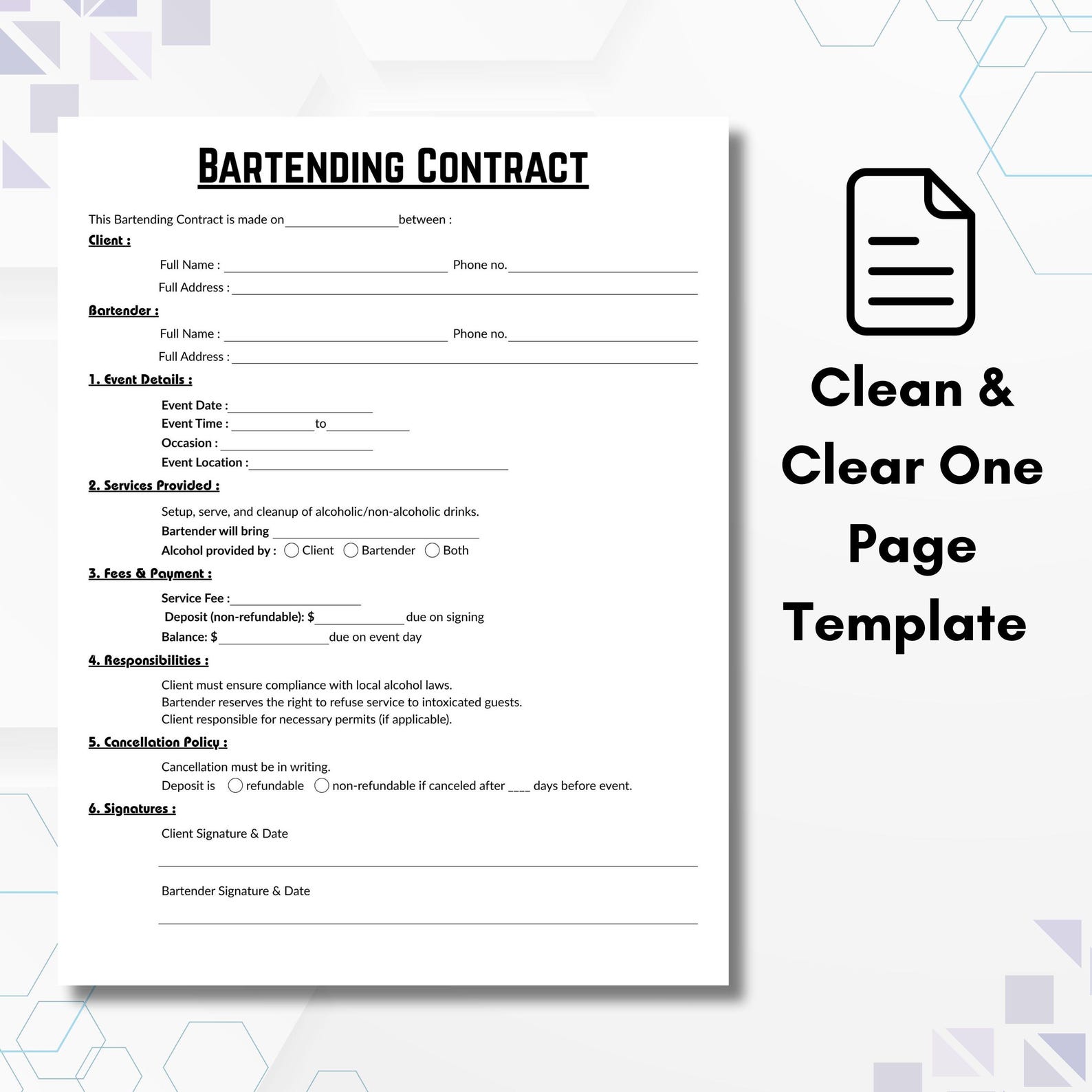 Editable Bartending Contract Template, Single Page Bartender Agreement ...