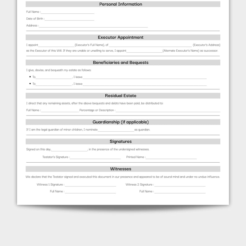 Minimalist Last Will and Testament, Simple Testament Form, Printable ...