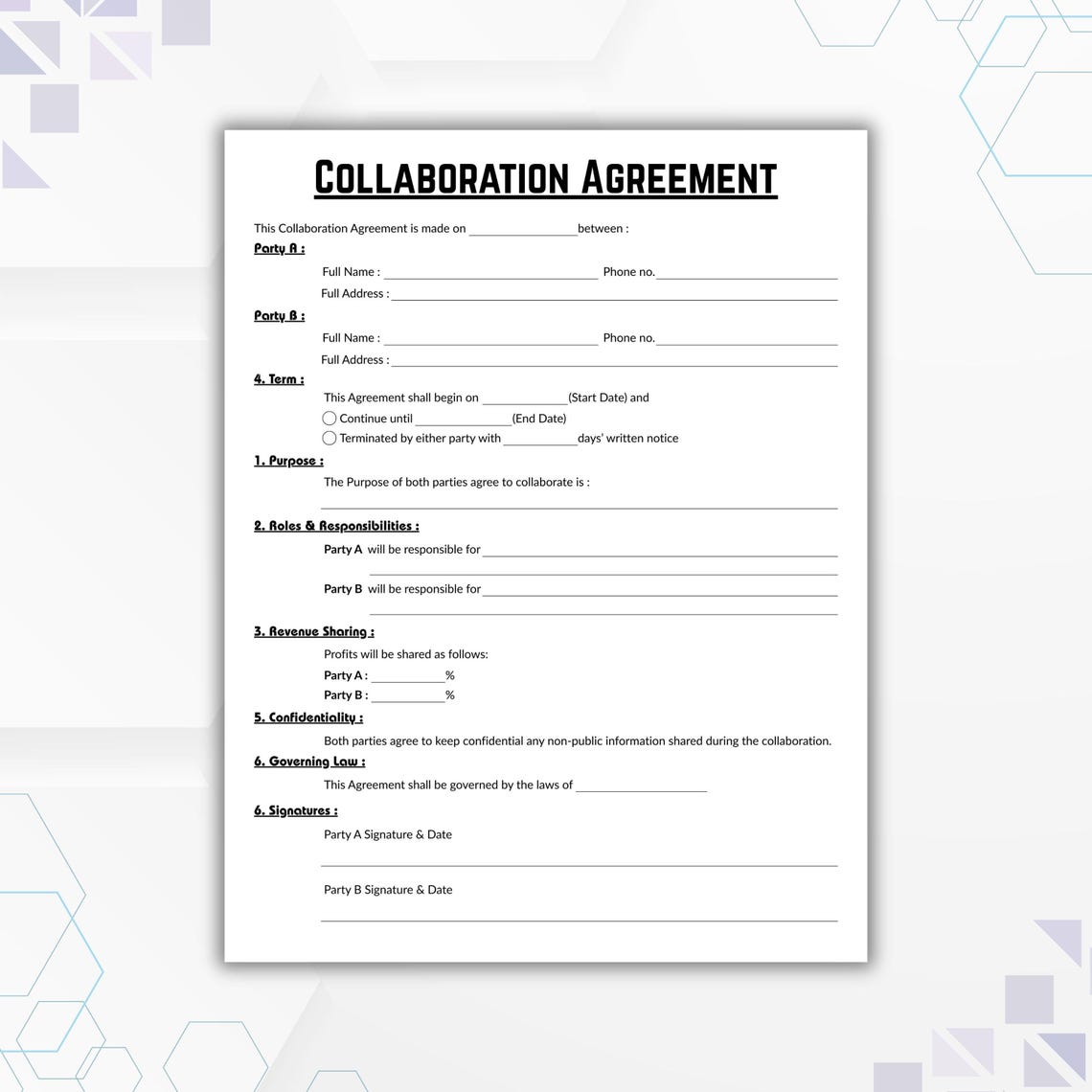 Editable Collaboration Agreement Template, Single Page Business ...