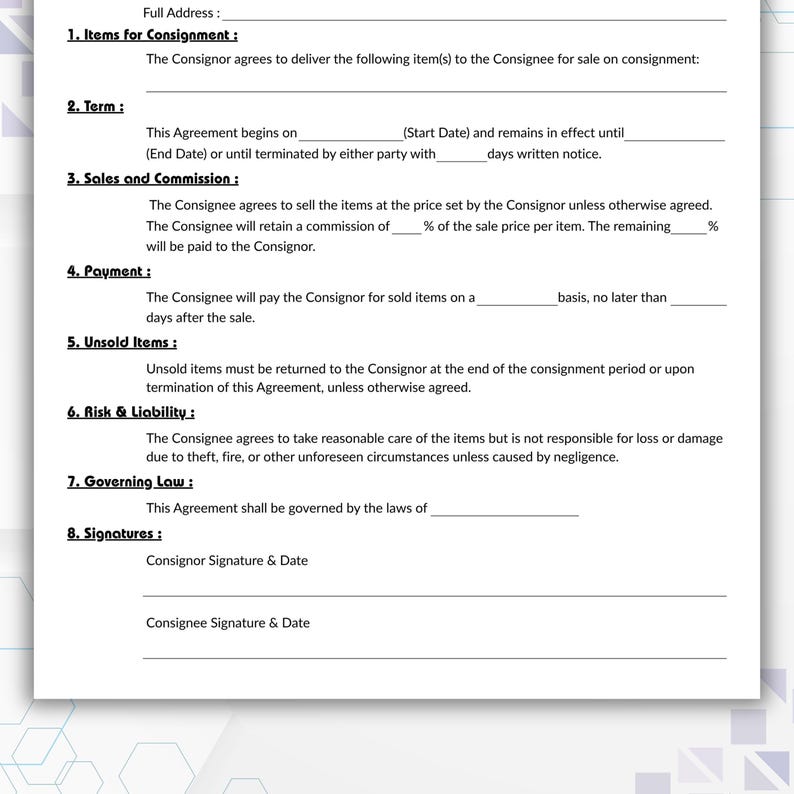 Editable Consignment Agreement Template, Single Page Consignment ...