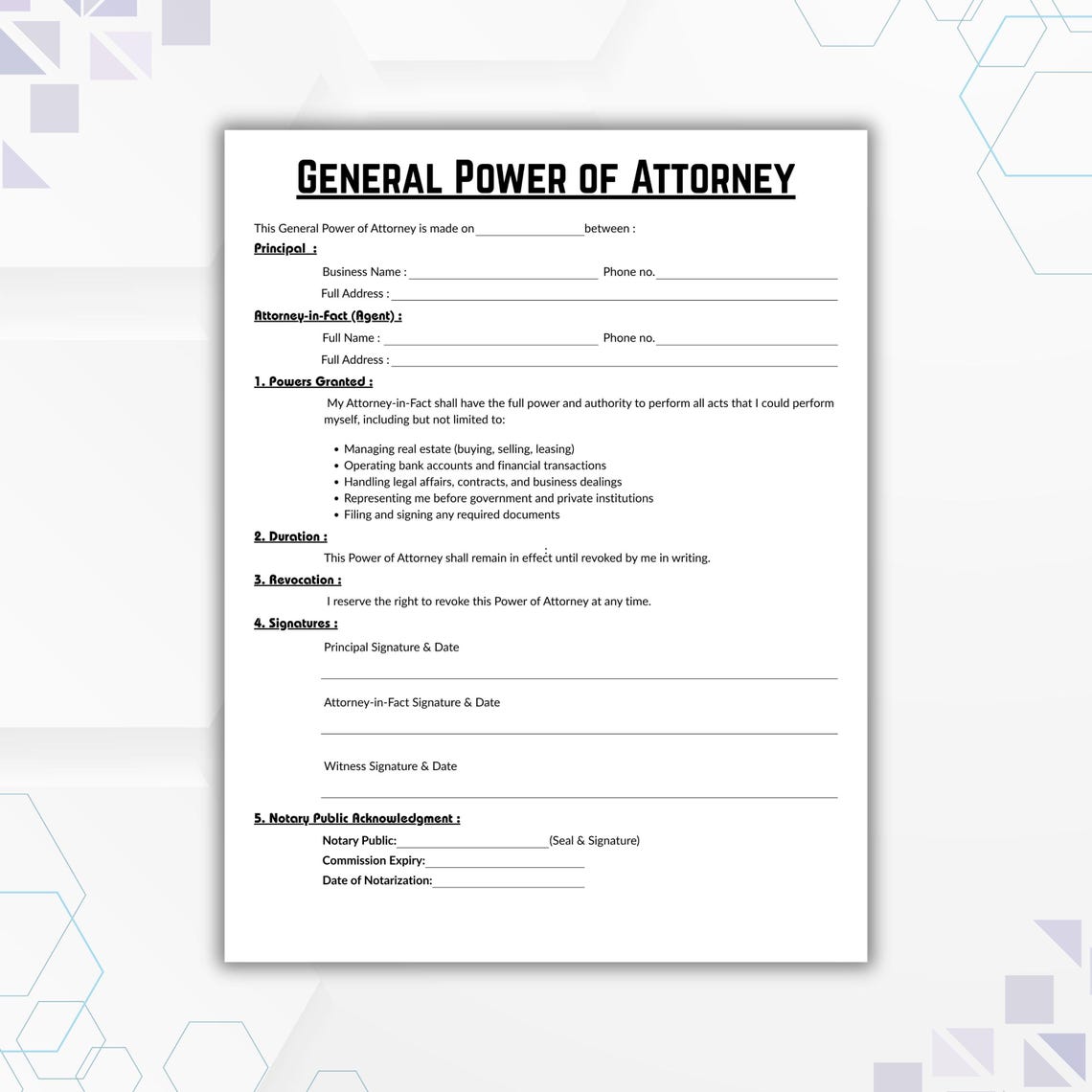Editable General Power of Attorney Template, Single Page POA Form ...