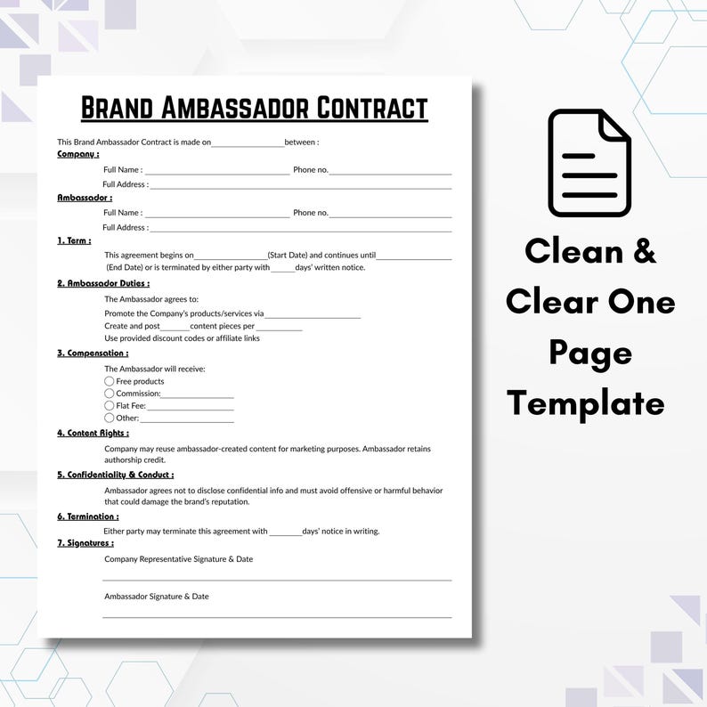 Editable Brand Ambassador Contract Template, Single Page Influencer ...