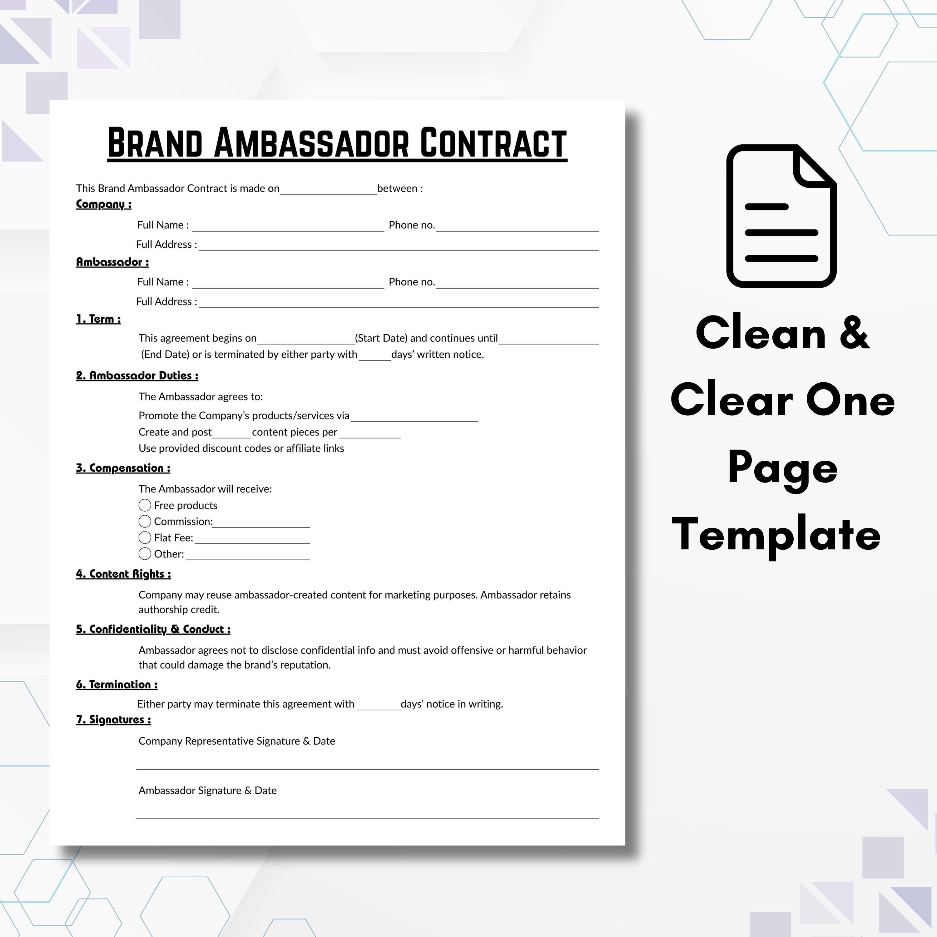 Editable Brand Ambassador Contract Template, Single Page Influencer ...