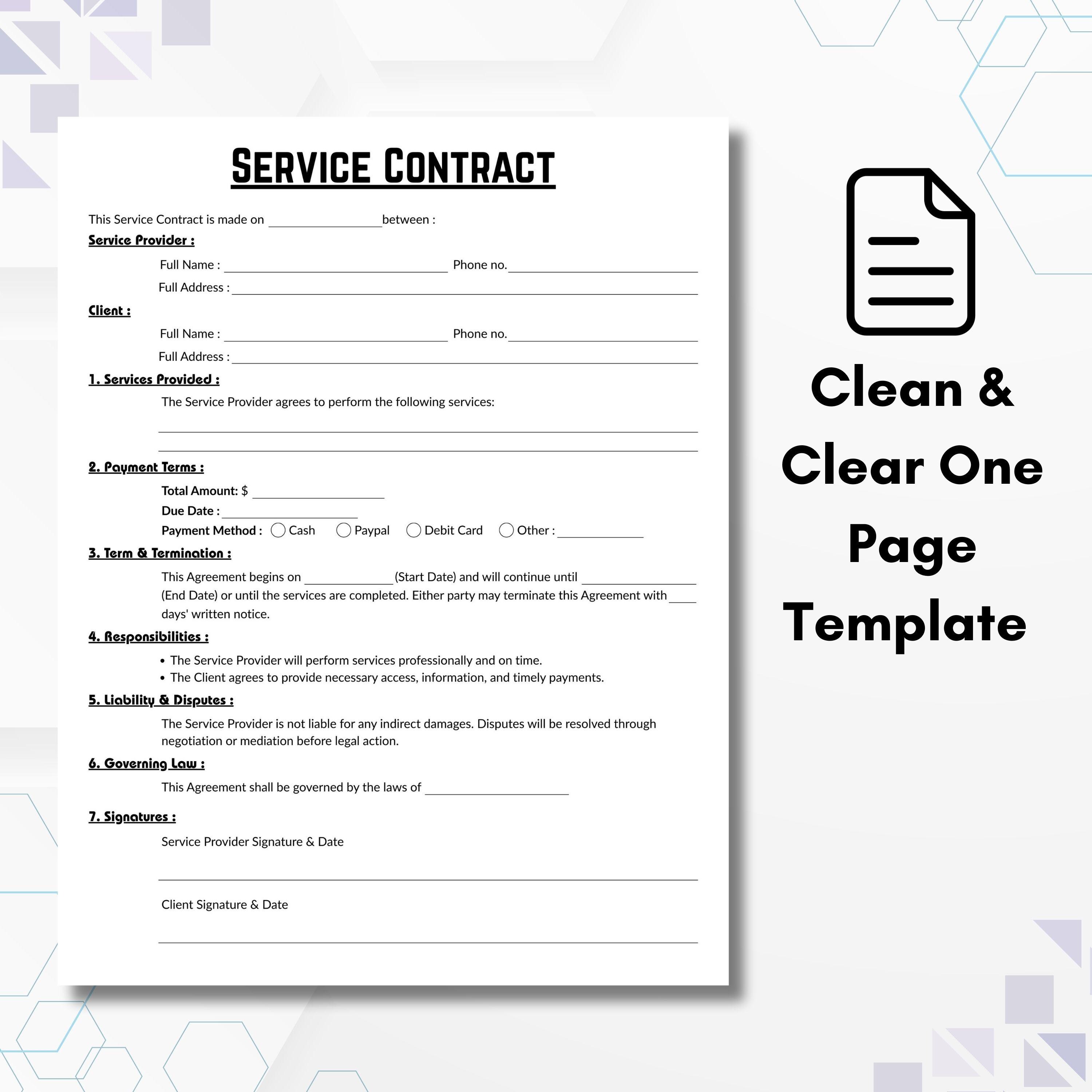 Editable Service Contract Template, Single Page Services Contract ...