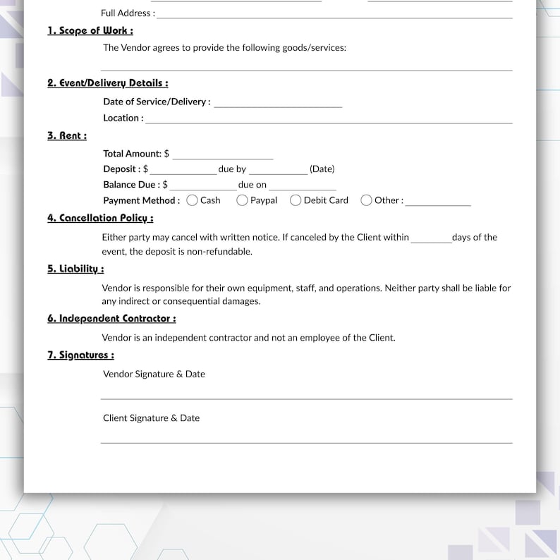Editable Vendor Contract Template, Single Page Event Agreement ...