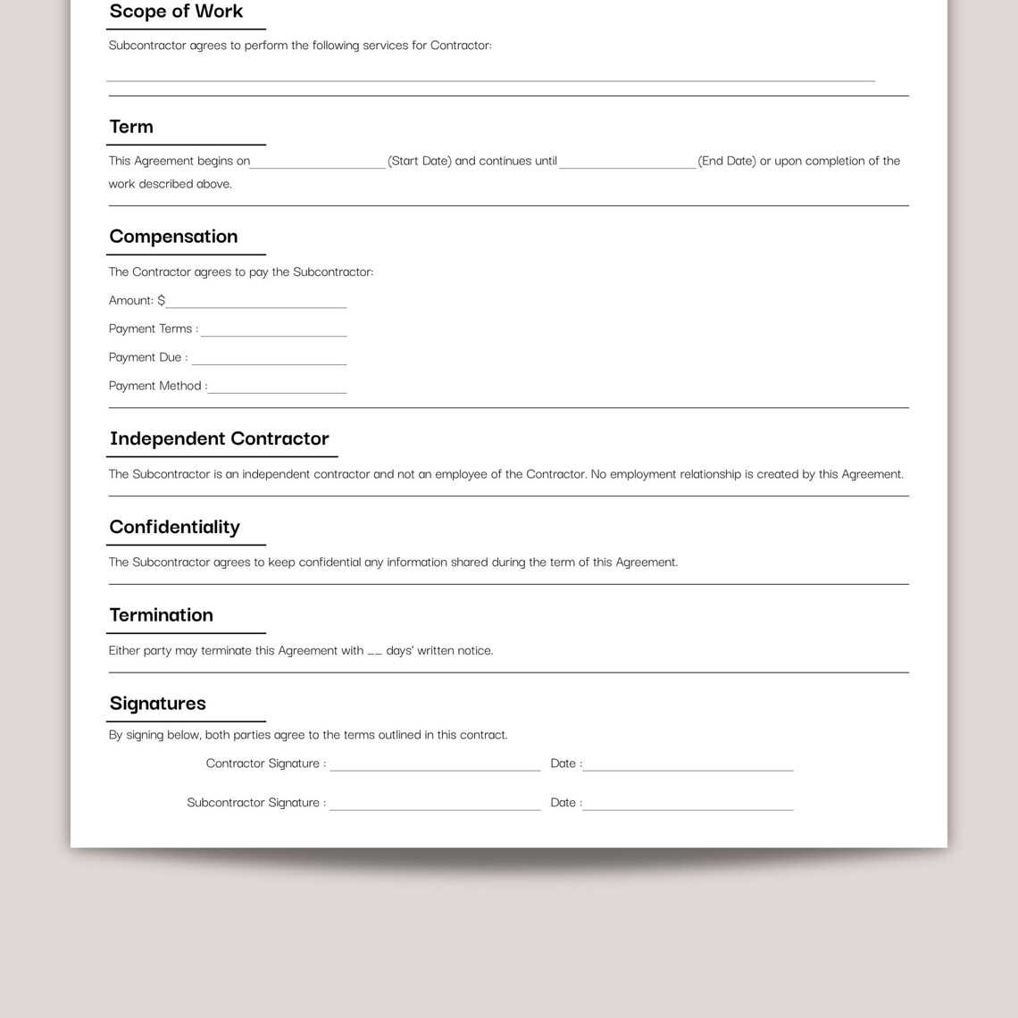 Minimalist Subcontractor Agreement Template, Simple Job Subcontractor ...