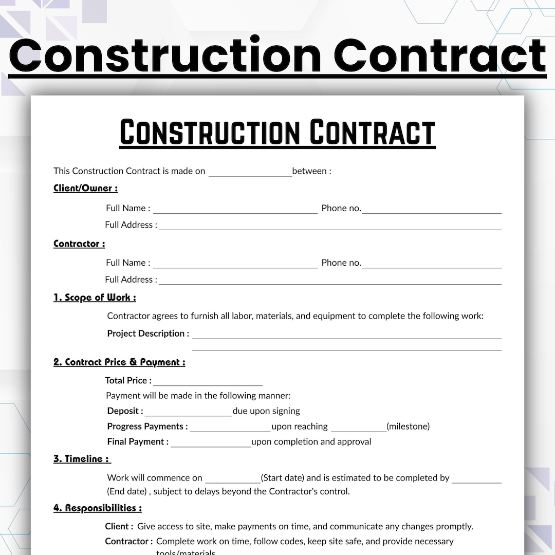 Editable Construction Contract Agreement Template, Single Page ...