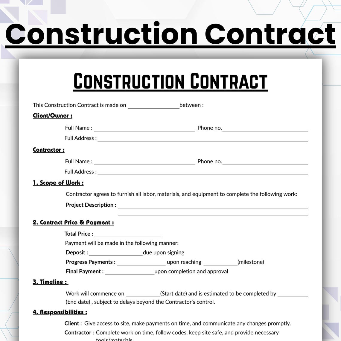 Editable Construction Contract Agreement Template, Single Page ...
