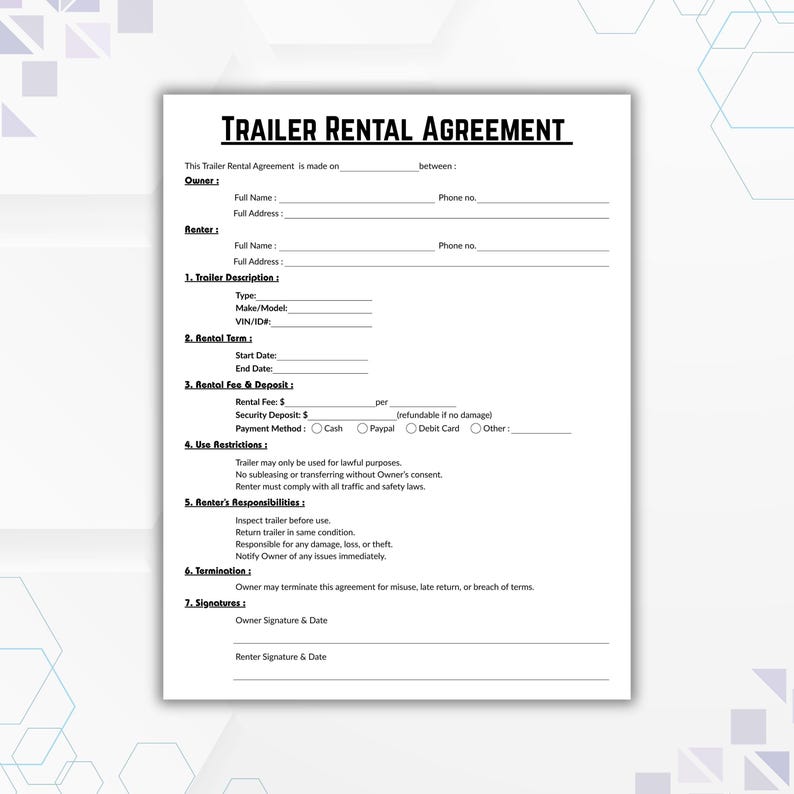 Editable Trailer Rental Agreement Template, Single Page Trailer Rental ...