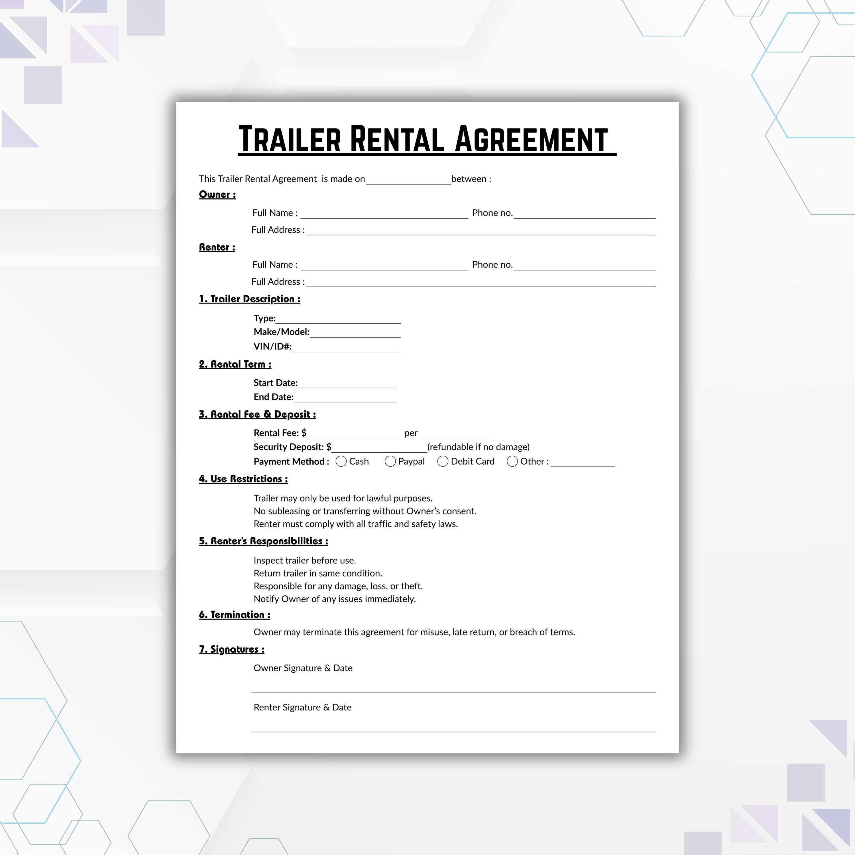 Editable Trailer Rental Agreement Template, Single Page Trailer Rental ...