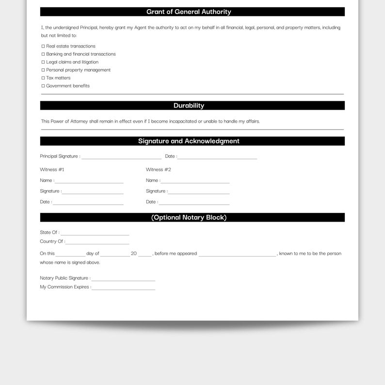 Minimalist Durable Power of Attorney Black, Simple Durable Financial ...