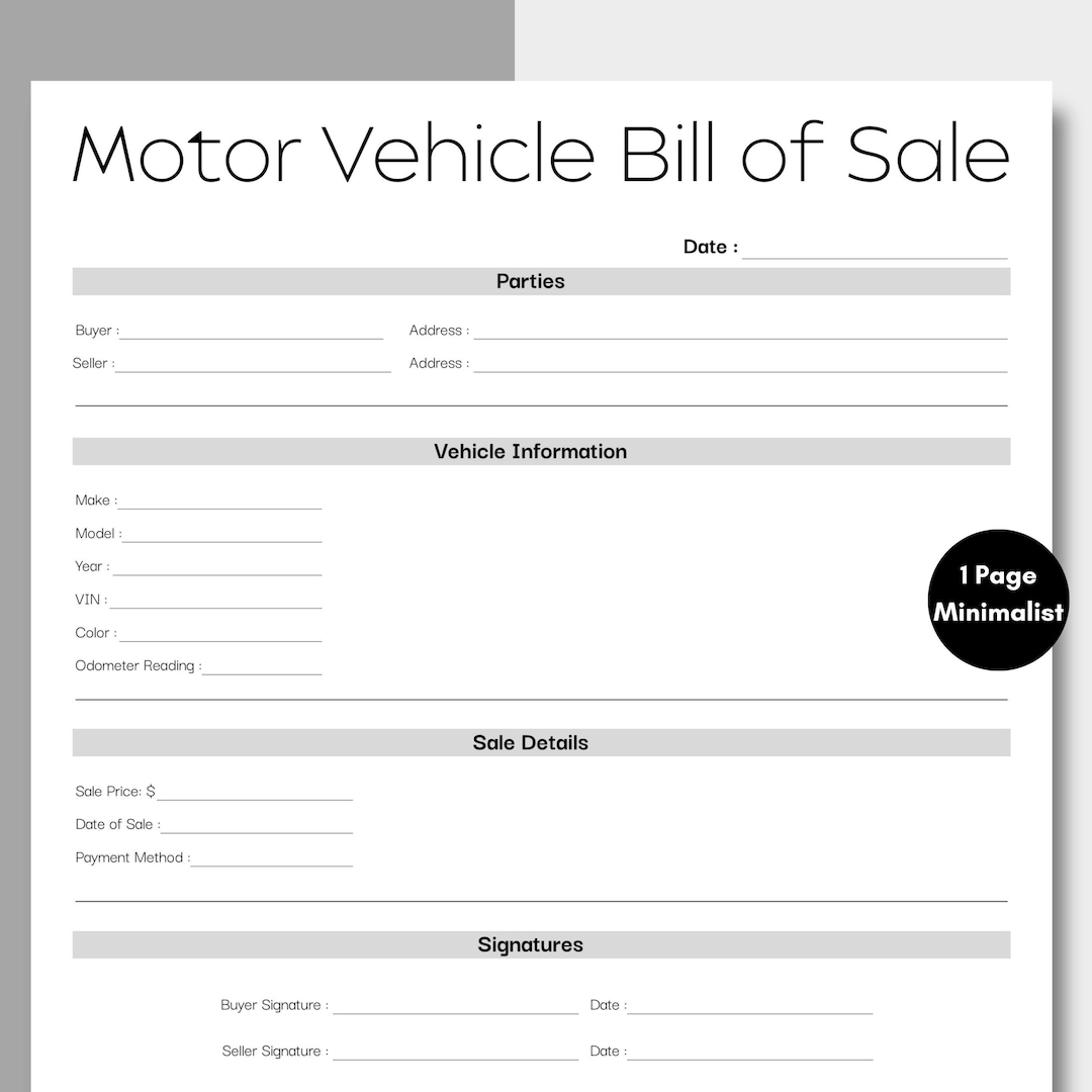 Minimalist Motor Vehicle Bill of Sale, Simple Car Sale Form, Printable ...