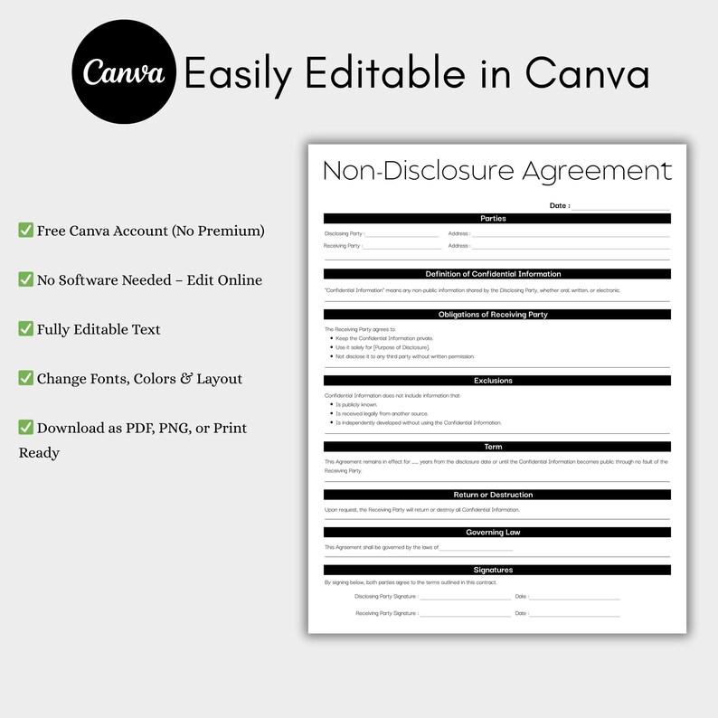 Minimalist Non-disclosure Agreement Black, Simple NDA Template, Canva ...