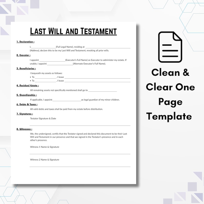 Editable Last Will and Testament Template, Single Page Testament Form ...