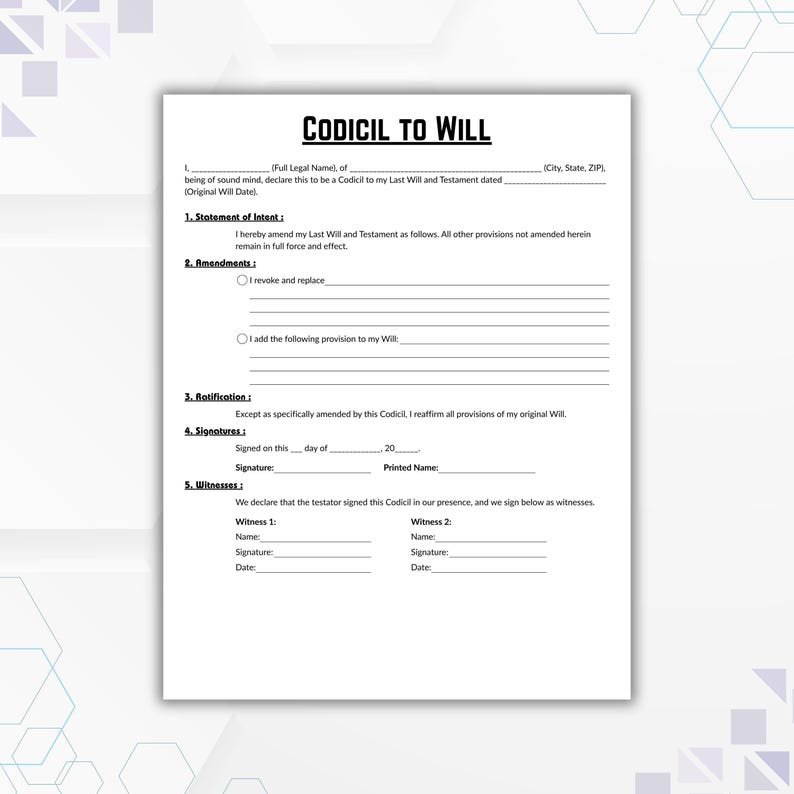 Editable Codicil to Will, Simple Will Codicil Form Template, Printable Codicil Contract Document ...