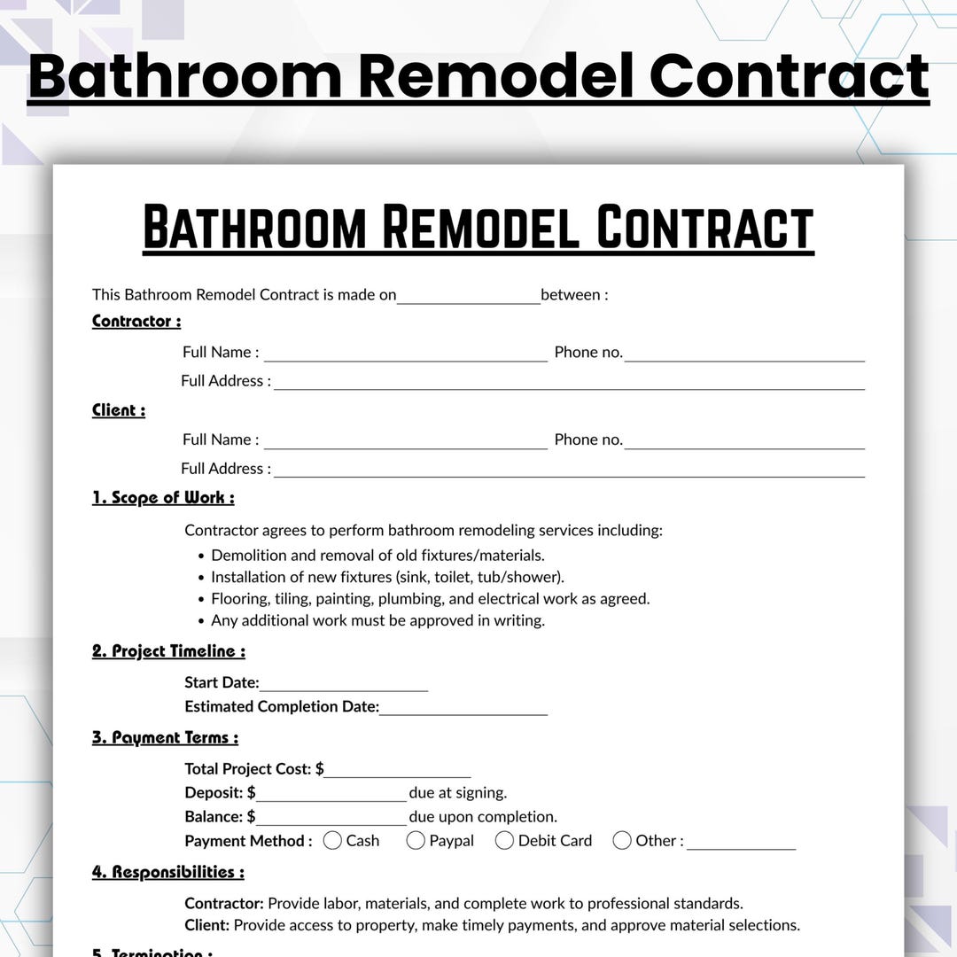 Editable Bathroom Remodel Contract, Simple Remodeling Agreement Form ...