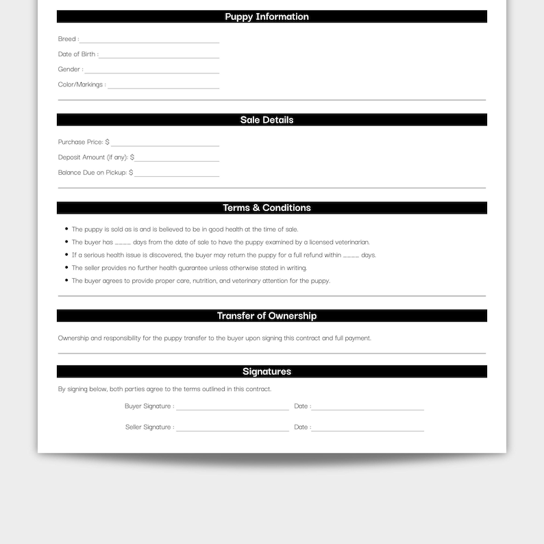 Minimalist Puppy Sales Agreement Black, Simple Dog Sale Form Template ...