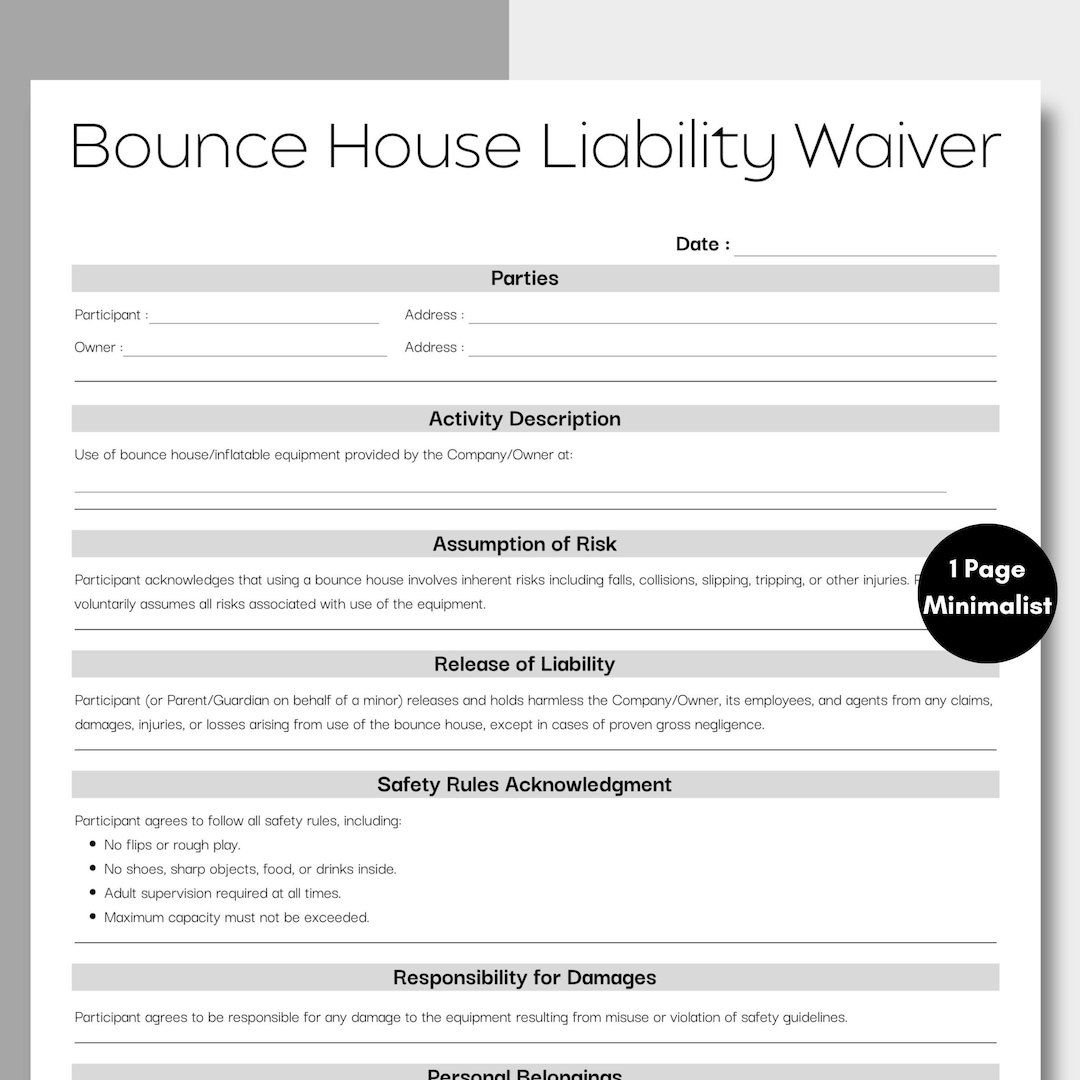 Minimalist Bounce House Liability Waiver, Simple Business Waiver ...