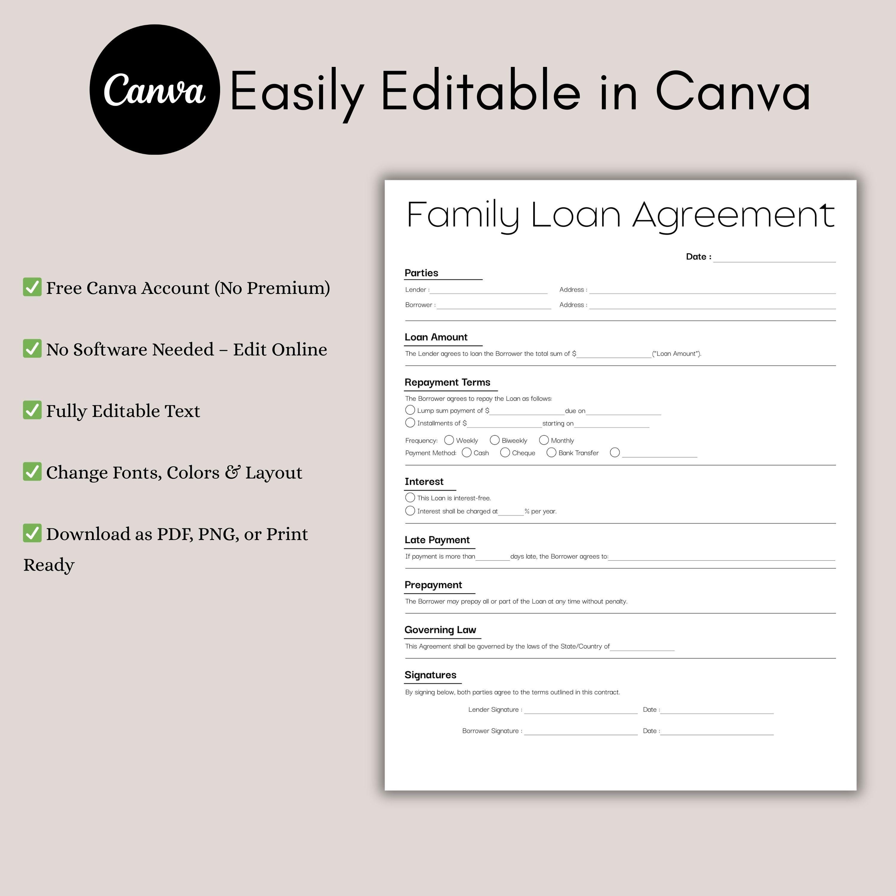 Minimalist Family Loan Agreement Template, Simple Editable Family Debt ...
