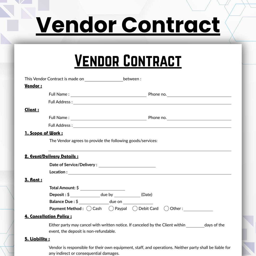 Editable Vendor Contract Template, Single Page Event Agreement ...