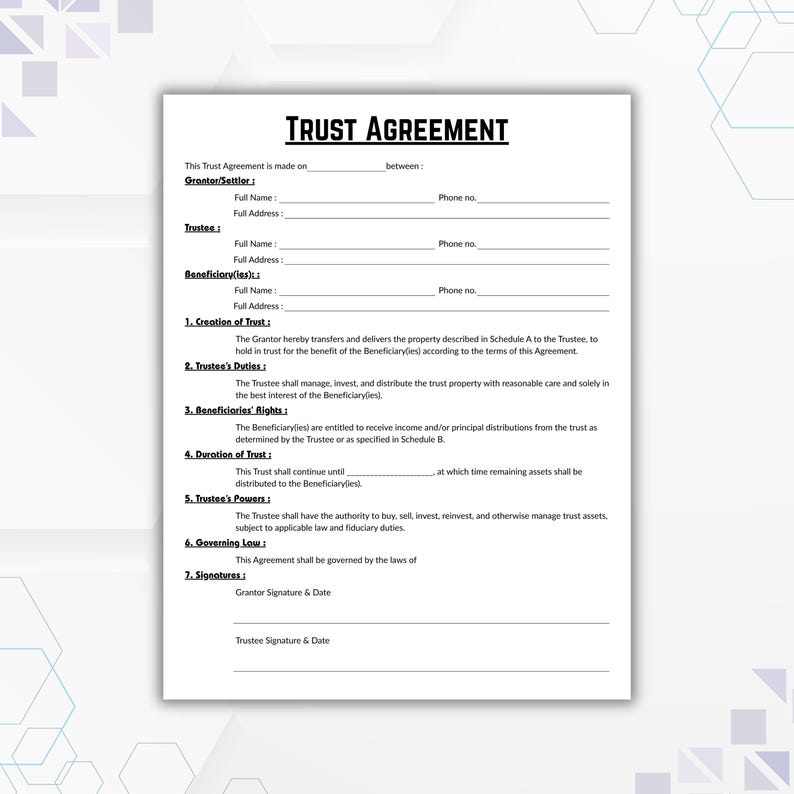 Editable Trust Agreement, Simple Beneficiary Form Template, Printable ...