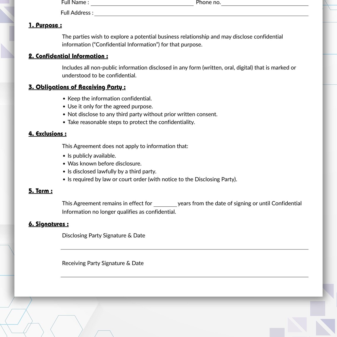 Editable Non-disclosure Agreement Template, Single Page NDA Form ...