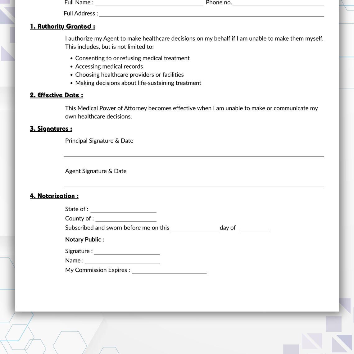 Editable Medical Power of Attorney Template, Single Page Healthcare ...