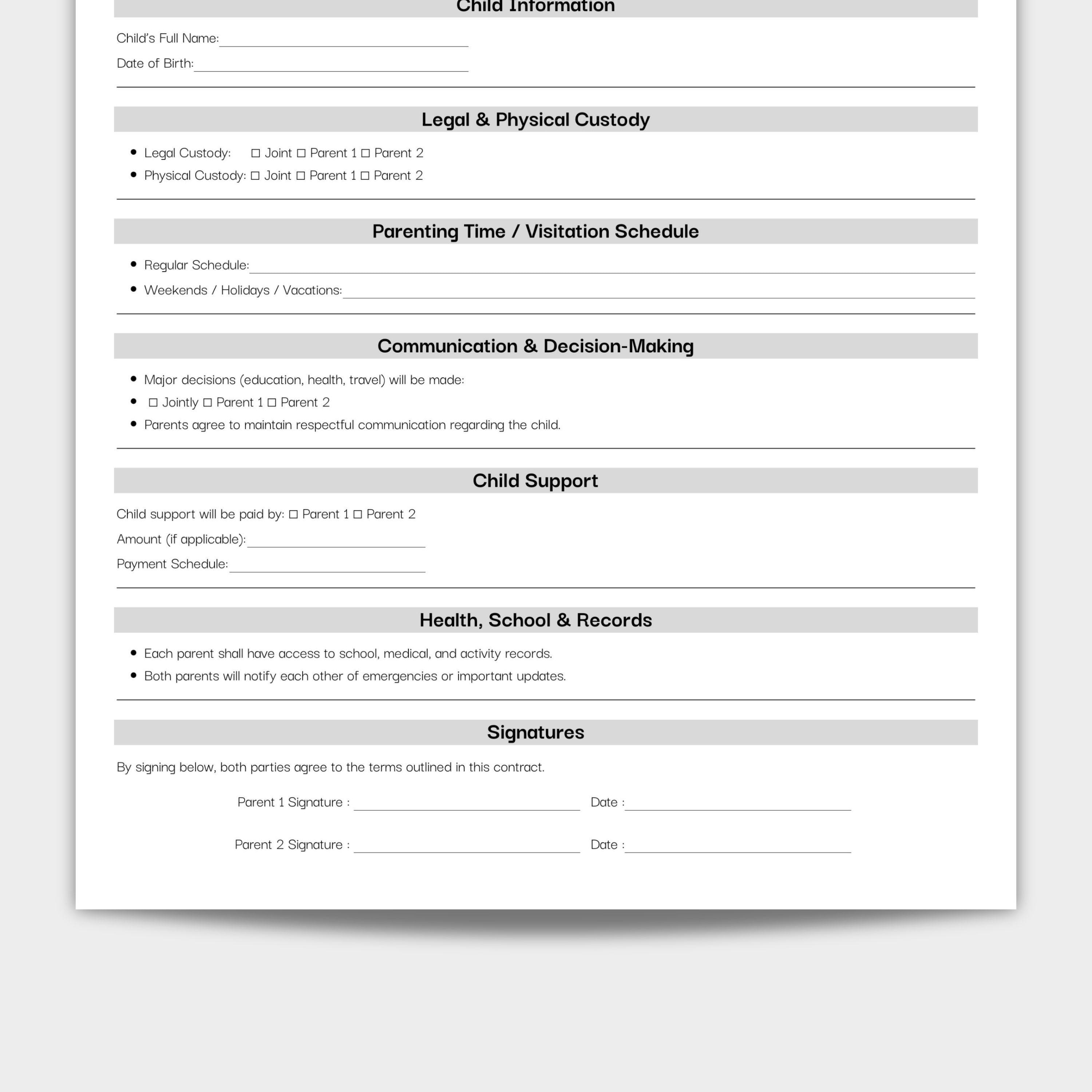 Minimalist Child Custody Agreement, Simple Co-parenting Contract ...