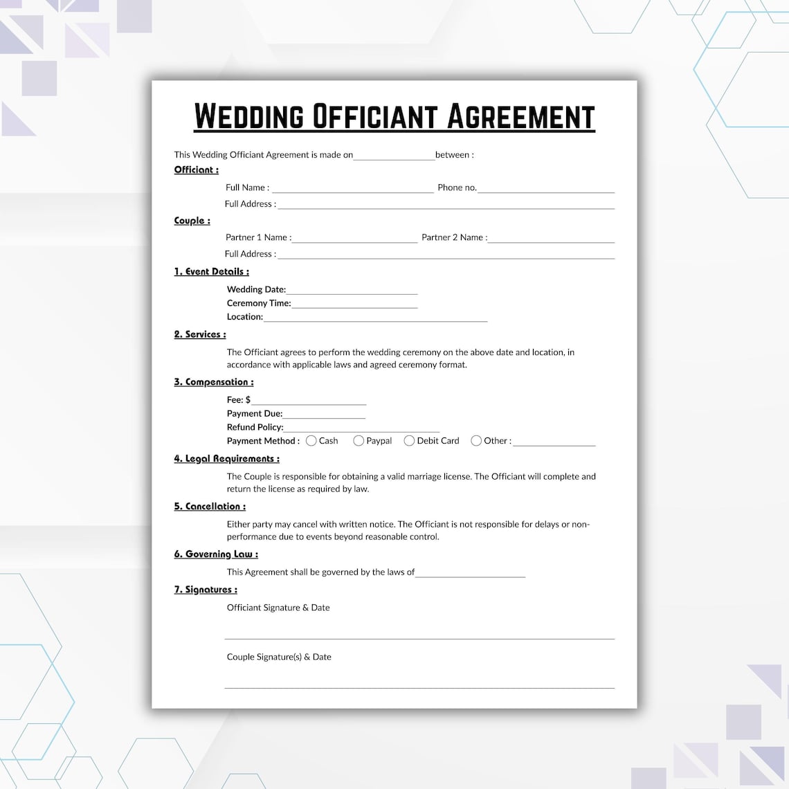 Editable Wedding Officiant Agreement, Simple Ceremony Contract Template ...