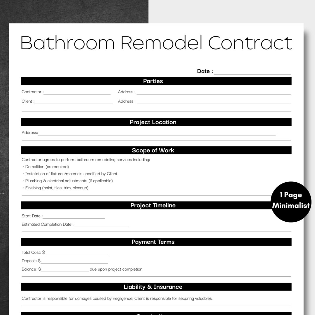 Minimalist Bathroom Remodel Contract Black, Simple Editable Remodeling ...