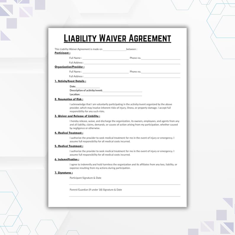 Editable Liability Waiver Agreement Template, Single Page Release of ...