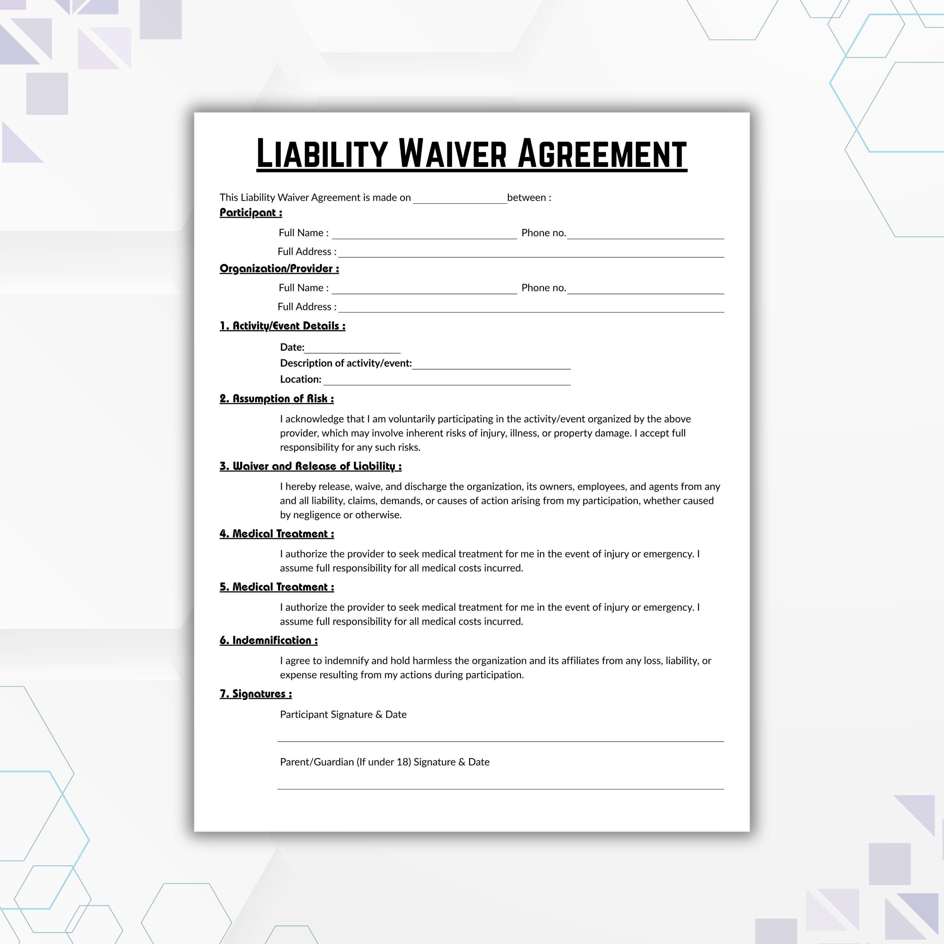 Editable Liability Waiver Agreement Template, Single Page Release of ...