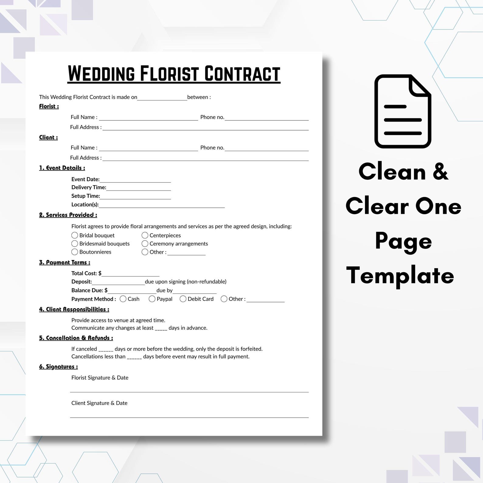 Editable Wedding Florist Contract Template, Single Page Event Floral ...