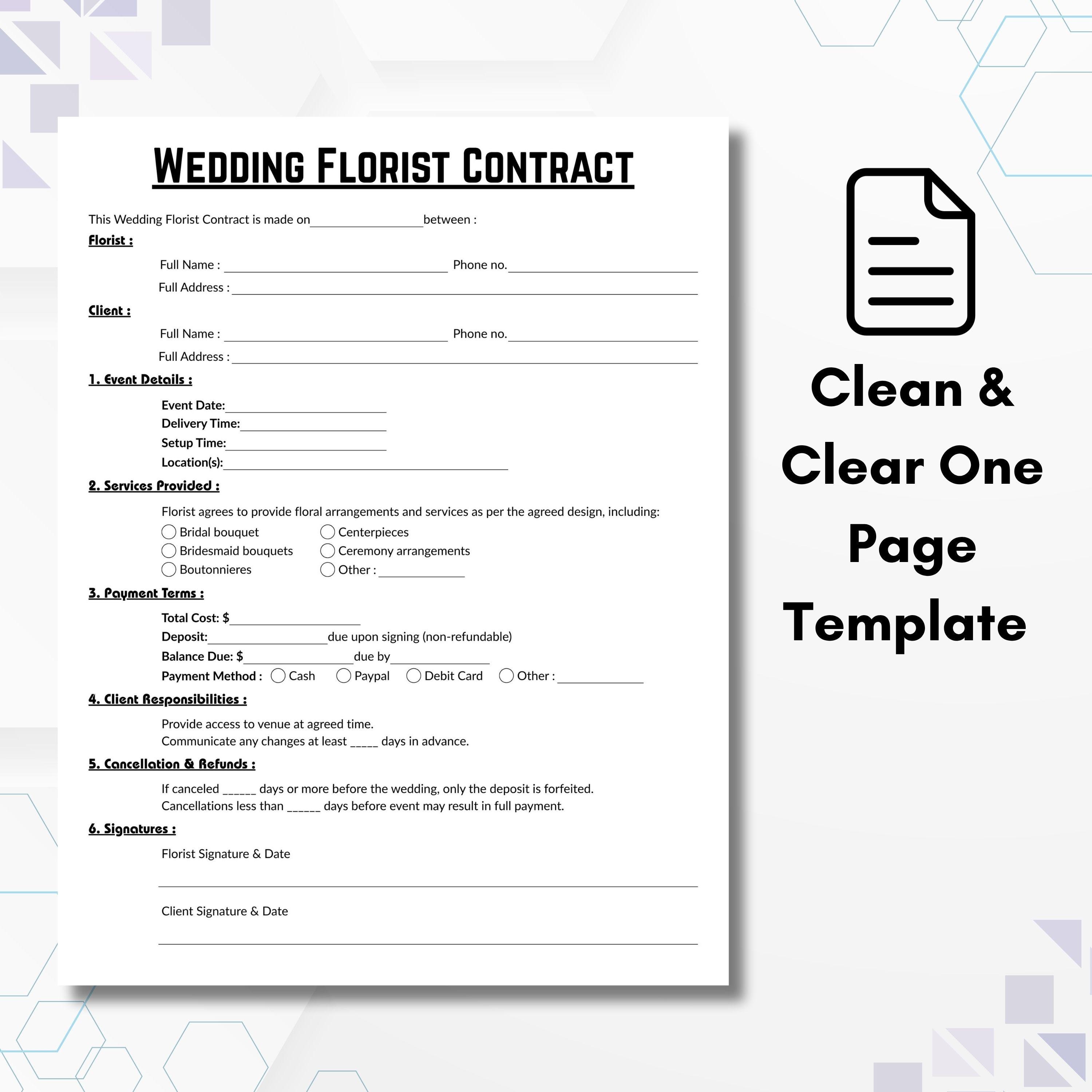 Editable Wedding Florist Contract Template, Single Page Event Floral ...