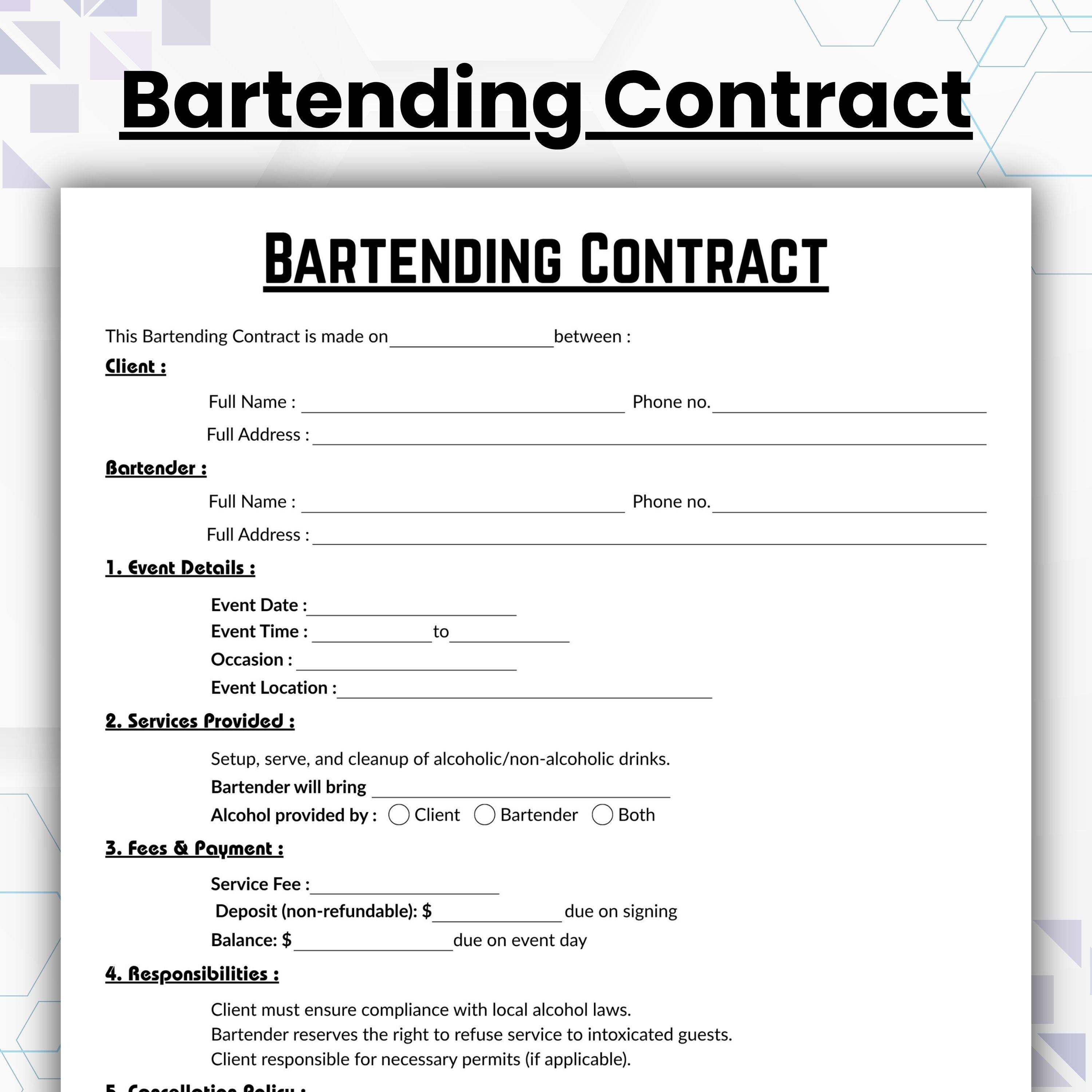 Editable Bartending Contract Template, Single Page Bartender Agreement ...