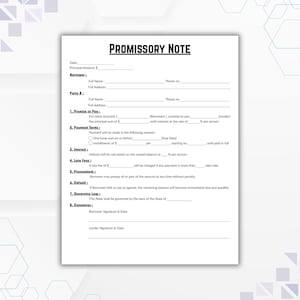Editable Promissory Note Template, Single Page Personal Loan Agreement ...