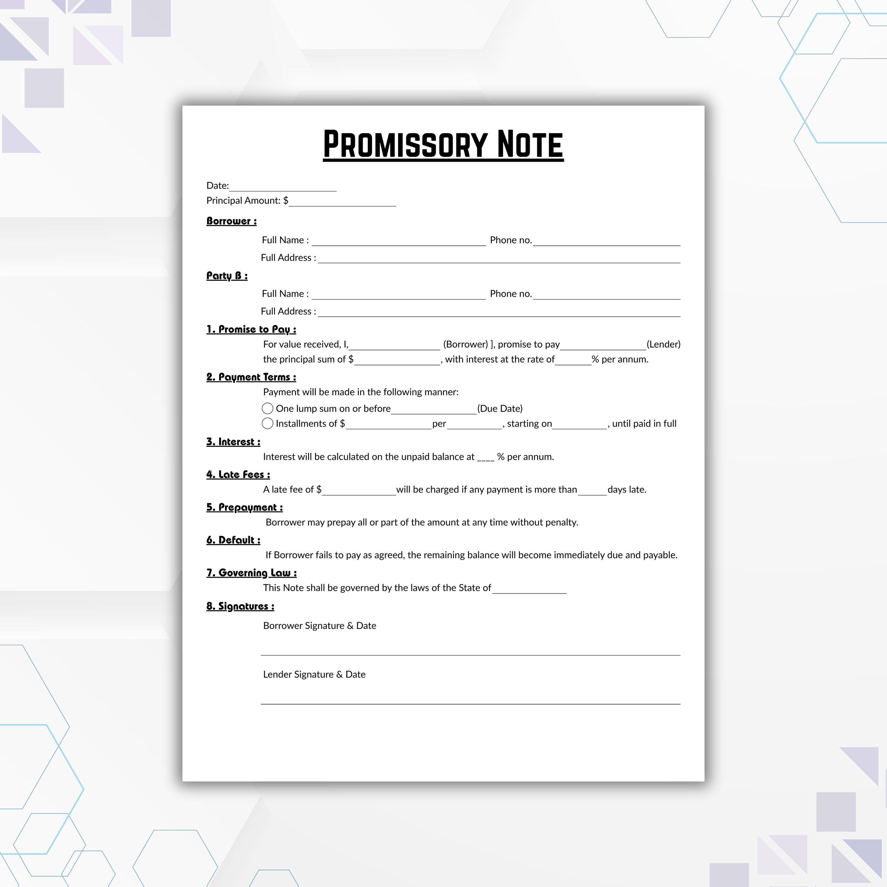 Editable Promissory Note Template, Single Page Personal Loan Agreement ...