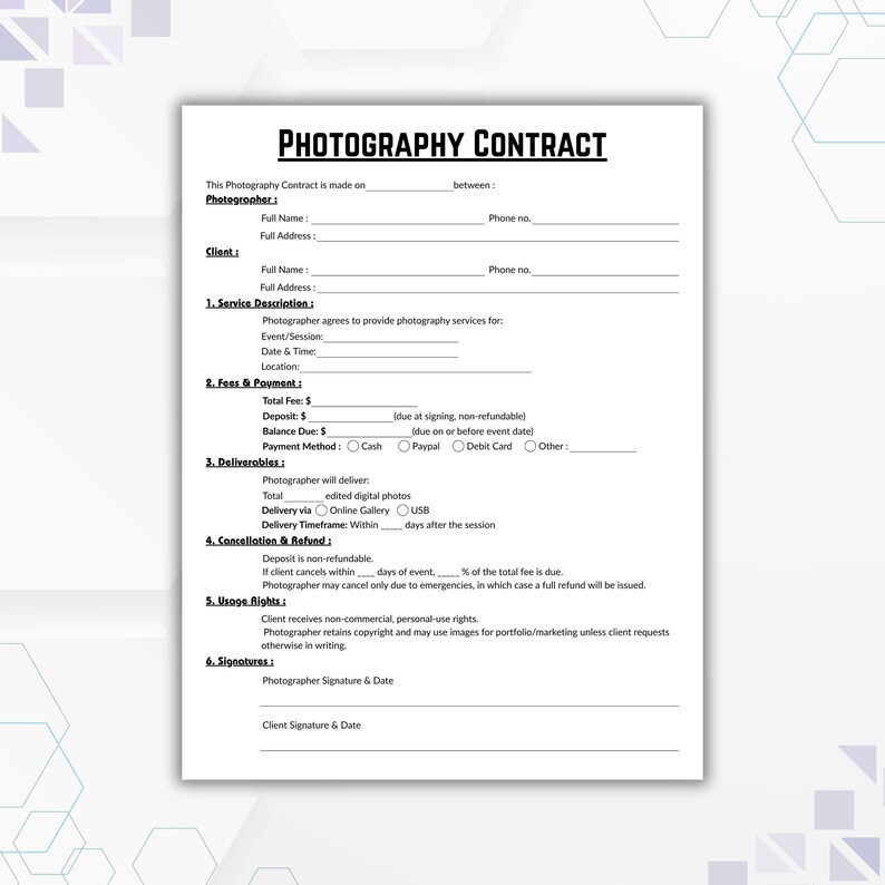 Editable Photography Contract Template, Single Page Contract for ...