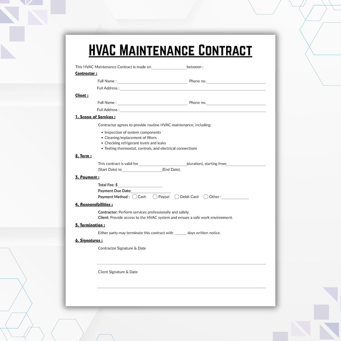 Editable HVAC Maintenance Contract, Simple Heating, Cooling Service ...