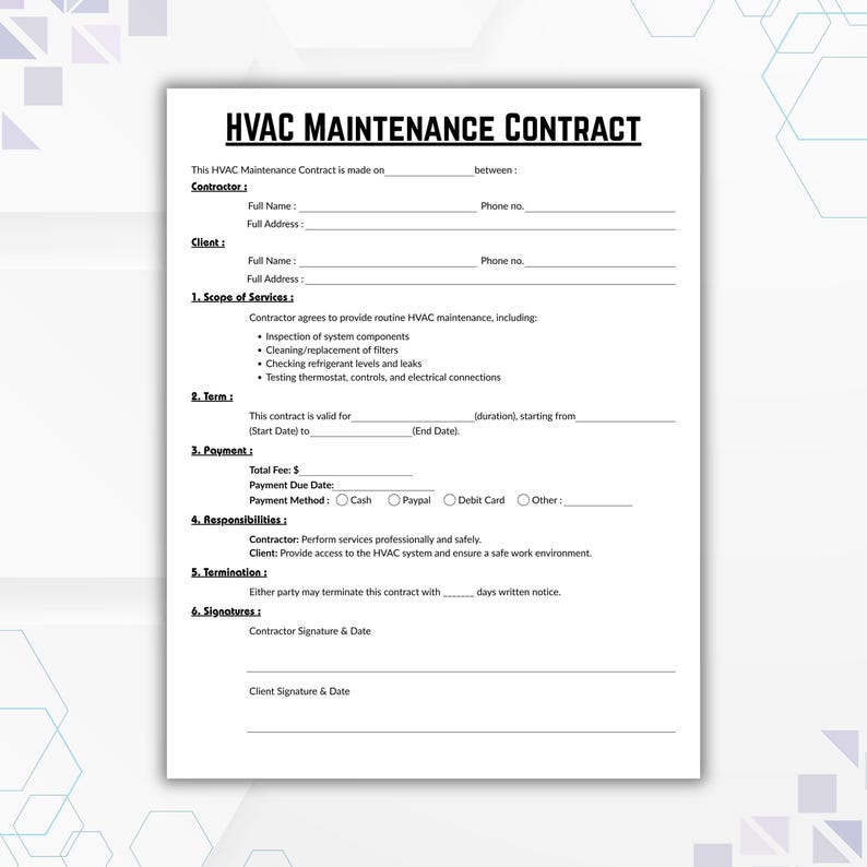 Editable HVAC Maintenance Contract, Simple Heating, Cooling Service ...