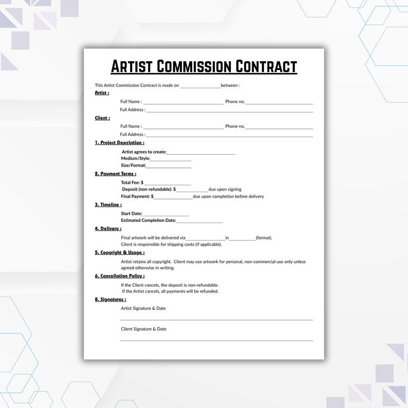 Editable Artist Commission Contract Template, Single Page Artwork ...