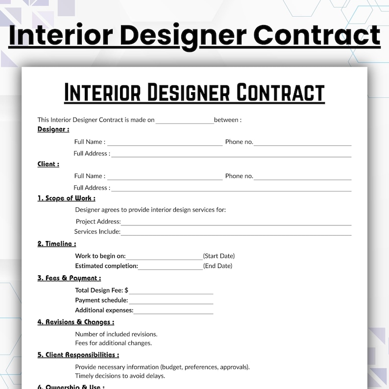 Editable Interior Designer Contract Template, Single Page Interior ...