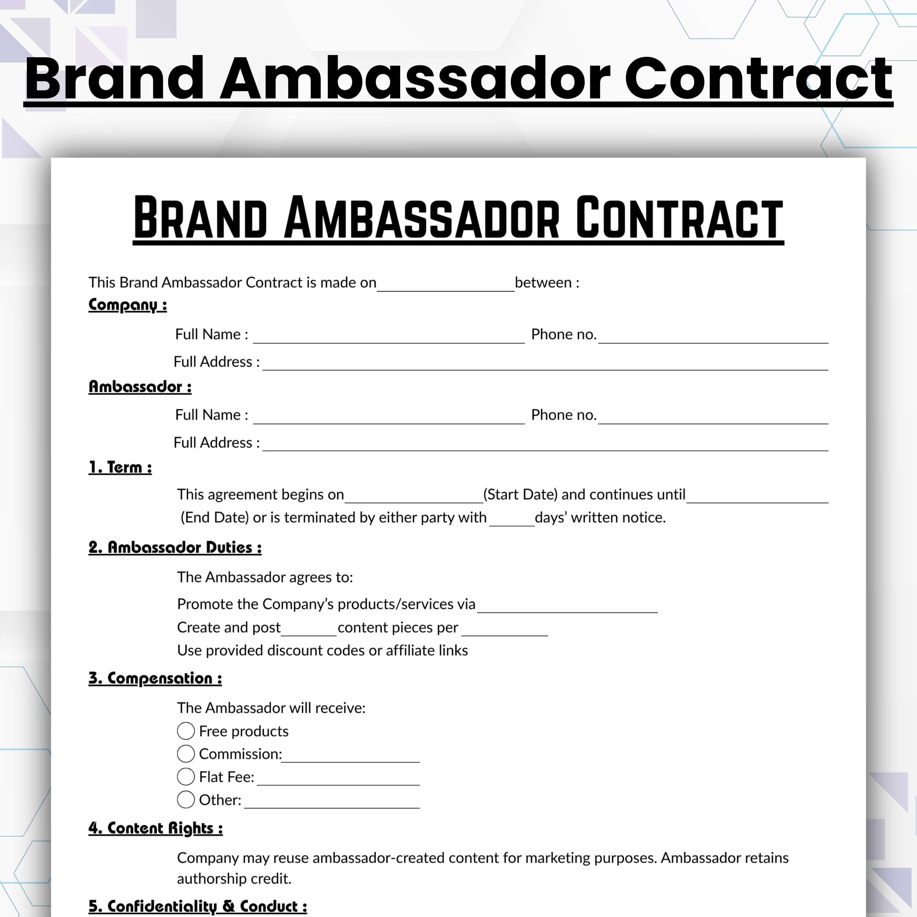 Editable Brand Ambassador Contract Template, Single Page Influencer ...