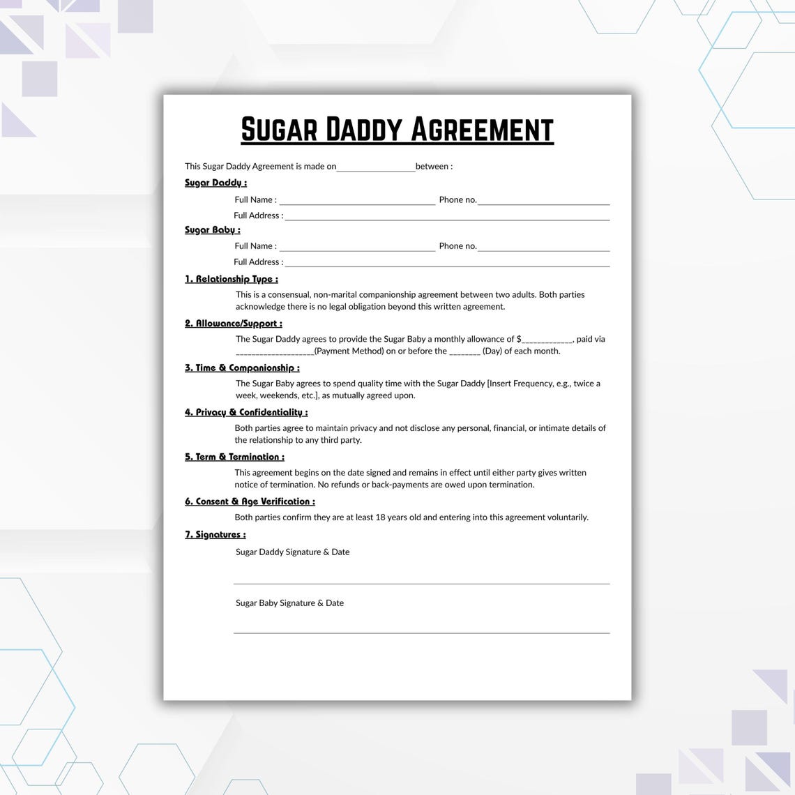 Editable Sugar Daddy Agreement, Simple Contract for Mutual ...