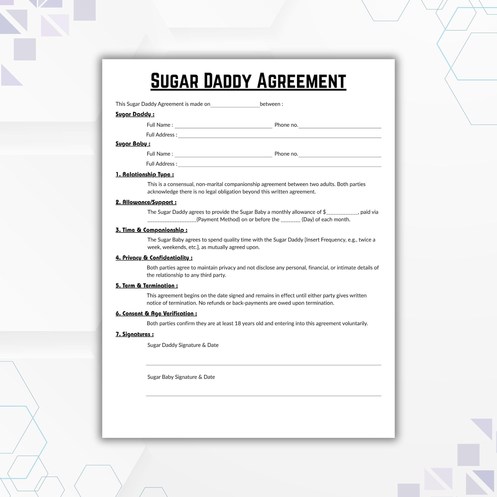 Editable Sugar Daddy Agreement, Simple Contract for Mutual ...