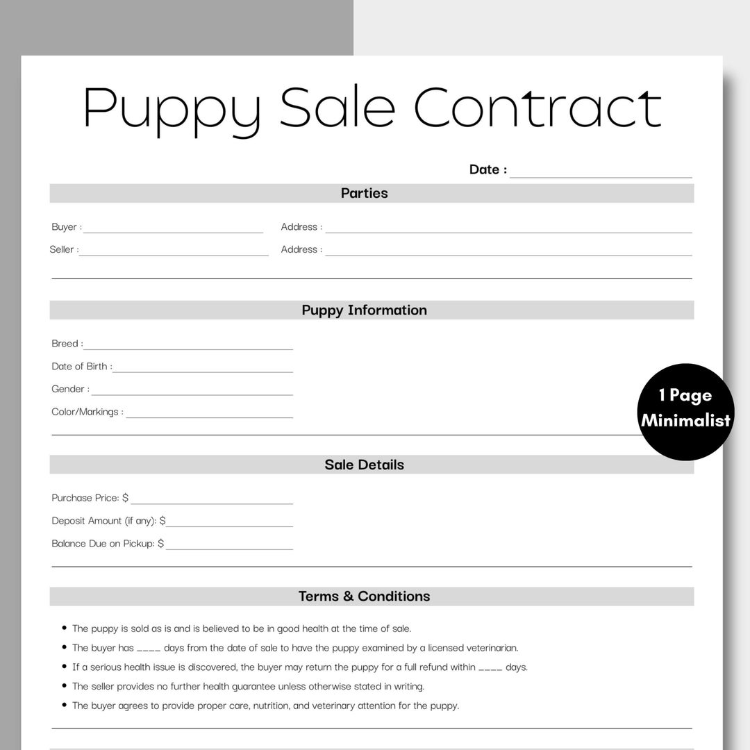 Minimalist Puppy Sales Contract, Simple Dog Sale Agreement Template ...